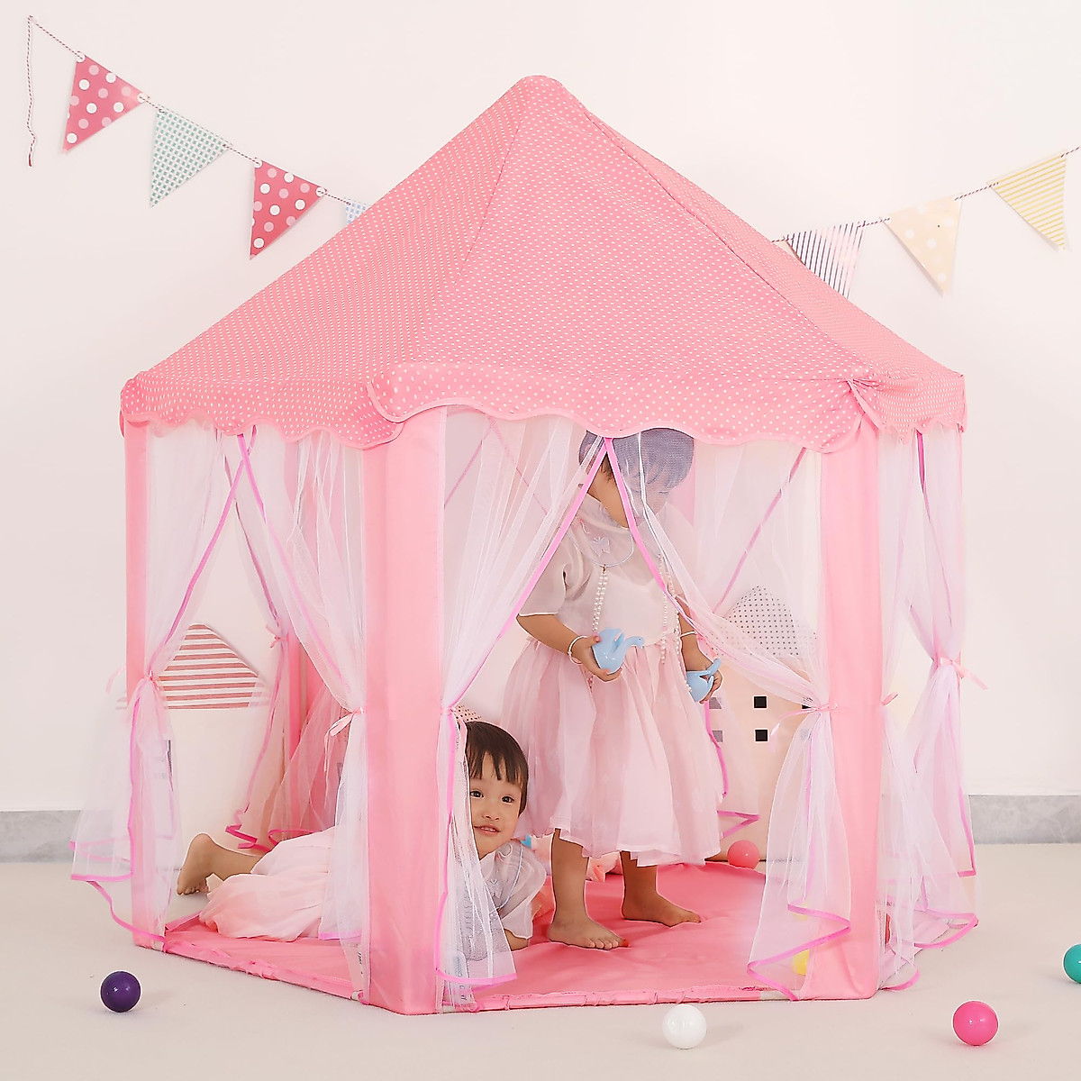 LimitlessFunN Hexagon Princess Play Tent | Includes Star Lights & Carrying Case |, Children Large Indoor Castle Playhouse for Girls, Toddlers, 55" D x 55" W x 53" H