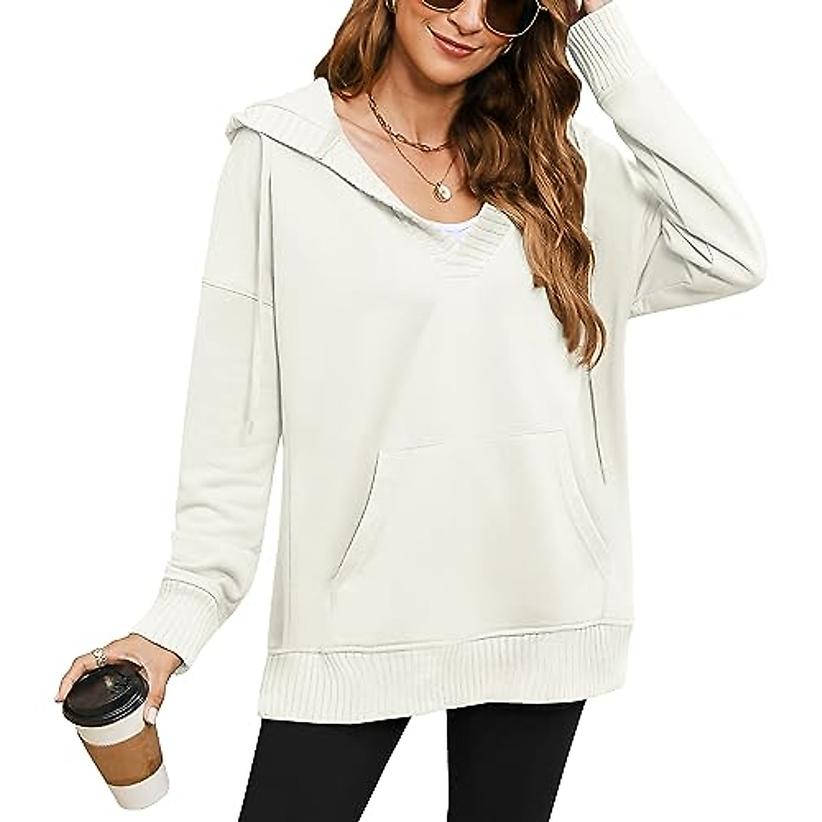 Womens Oversized Sweatshirt V Neck Long Sleeve Hoodie Lightweight Pullover Tops with Pockets White