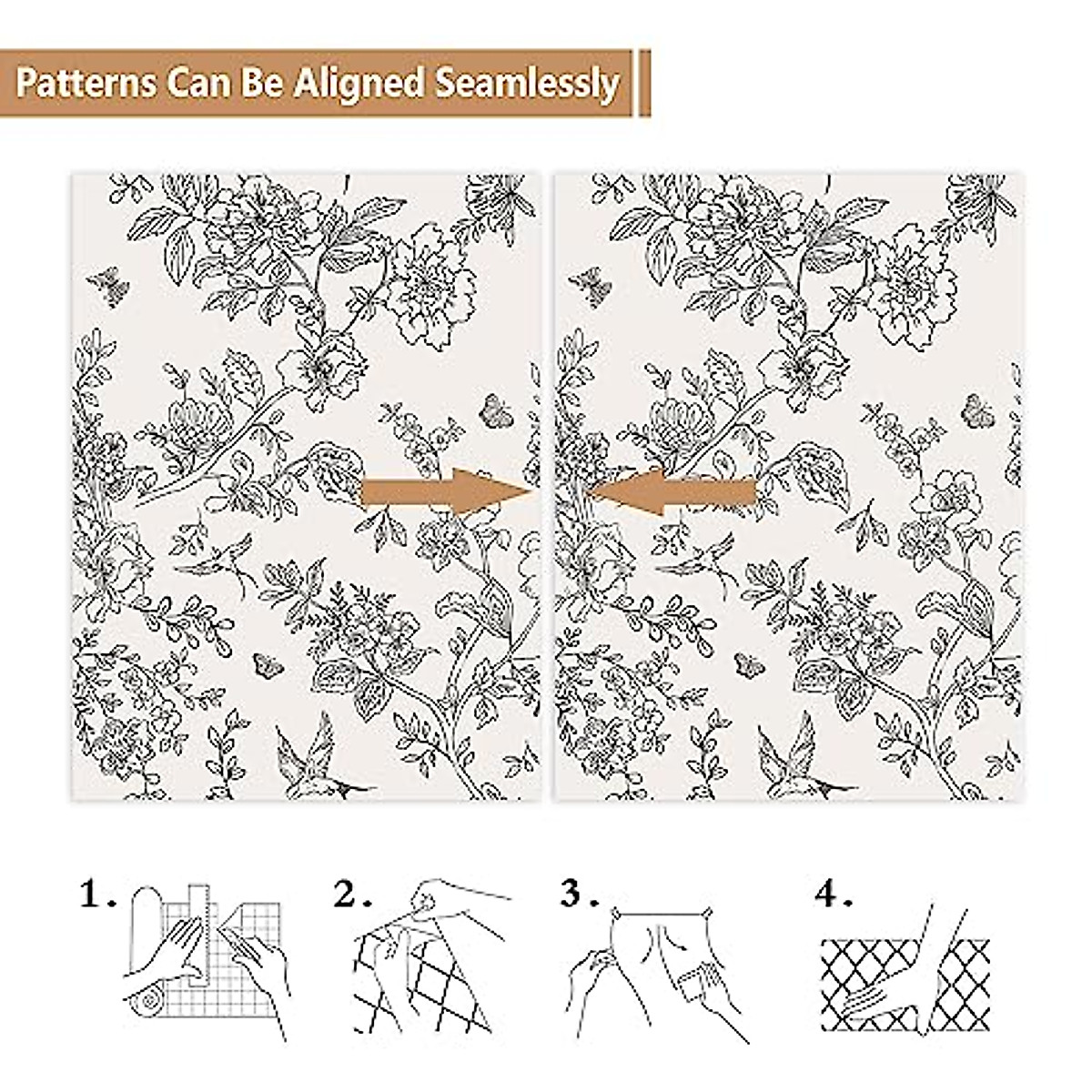 Black and White Floral Wallpaper Peel and Stick Wallpaper Floral Contact Paper 17.7 inch×118.1 inch Floral Removable Self Adhesive Wallpaper Flowers Birds Decorative Wallpaper for Cabinets Walls