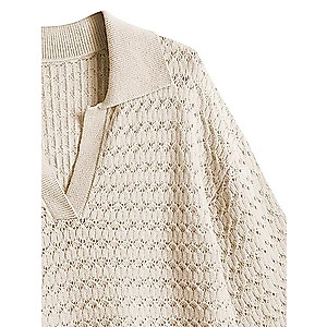 ZAFUL Women's Lapel Collar Sweater V Neck Lantern Sleeve Hollow Out Knit Polo Pullover Sweater Jumper (1-Apricot, L)