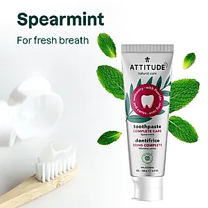 ATTITUDE Toothpaste with Fluoride, Prevents Tooth Decay and Cavities, Vegan, Cruelty-Free and Sugar-Free, Complete Care, Spearmint, 4.2 Oz