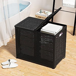 Udotry Plastic Folding 2 Compartments Laundry Hamper, Collapsible 2 Sections Laundry Basket with Lid, Black