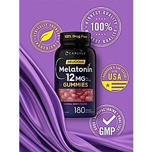 Carlyle Melatonin Gummies 12mg | 180 Count | Drug Free | Natural Berry Flavor | Vegan, Non-GMO, Gluten Free
