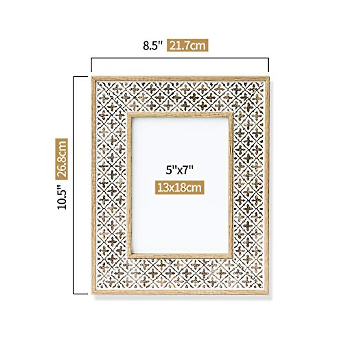 Afuly 5x7 Picture Frame Distressed Moroccan Relief Boho Picture Frames Shabby Chic Oak 3D Cross Pattern, Wood Photo Frames for Wall and Tabletop, Wedding Birthday Gifts for Mom Family Friends