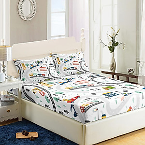 AILONEN Construction Fitted Sheet Set Full Size, Cartoon Cars Fitted Sheet,Equipment Truck Sheets Set for Boys Kids, 1 Fitted Sheet and 2 Pillowcases