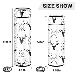 CaTaKu Arrow Deer Head Water Bottle Insulated 16 oz Stainless Steel Flask Thermos Bottle for Coffee Water Drink Reusable Wide Mouth Vacuum Travel Mug