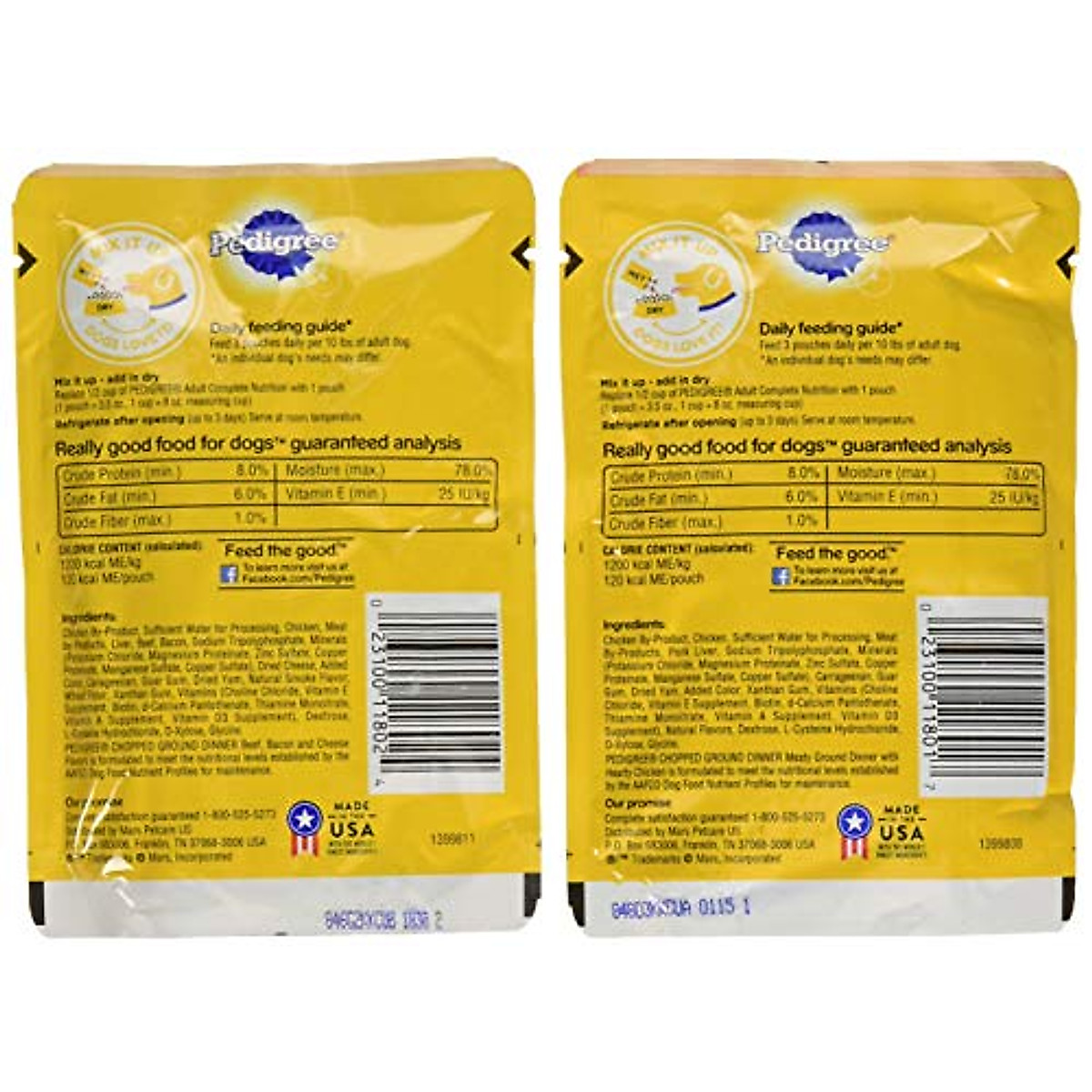 Pedigree Chopped Ground Dinner 8 Pouch Variety Hearty Chicken and Beef, Bacon, and Cheese Flavors, 4 Each