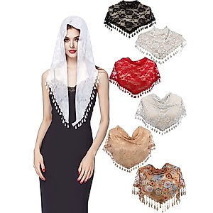 Zhanmai 6 Pieces Triangle Women Church Veil Lace Mantilla Wedding Shawl Catholic Floral Scarf Catholic Cover for Cathedral