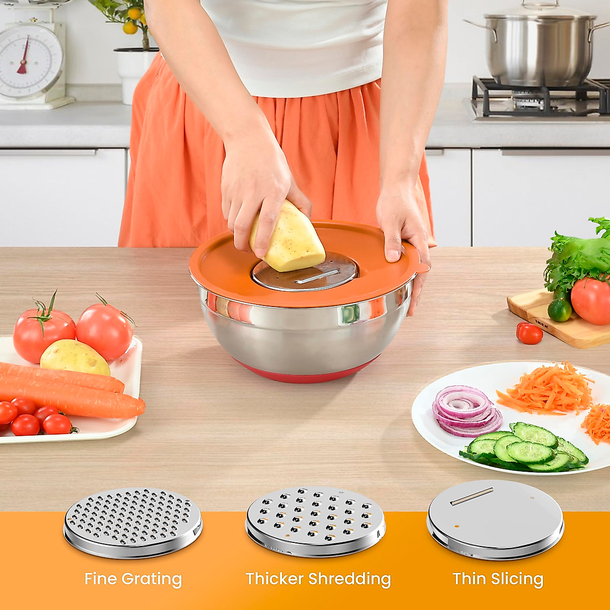 Humiwing Mixing Bowls with Lid Set, Mixing Bowls for Kitchen with Lids, Nesting Bowls with 3 Grater Attachments & Non-Slip Bottoms for Mixing, Serving, Baking, Prepping