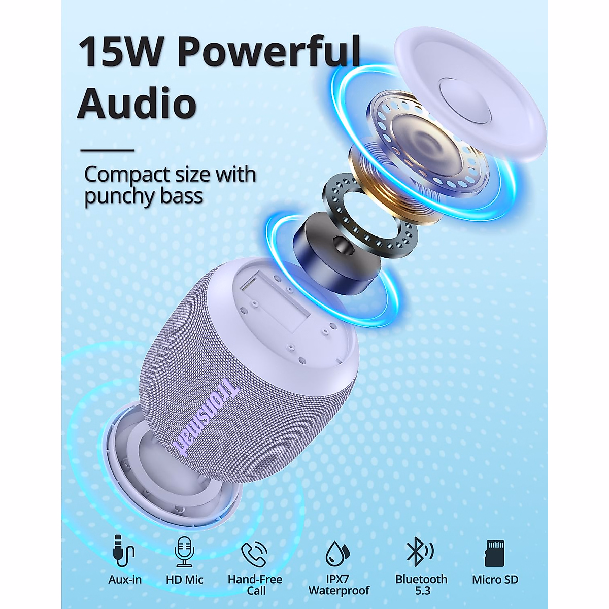 Tronsmart T7 Mini Compact Portable Bluetooth Speaker with Lights, Stereo Sound, Bluetooth 5.3, 18H Playtime, Stereo Pairing, Voice Assistant, IPX7 Waterproof Shower Speaker & Outdoor Speakers(Violet)