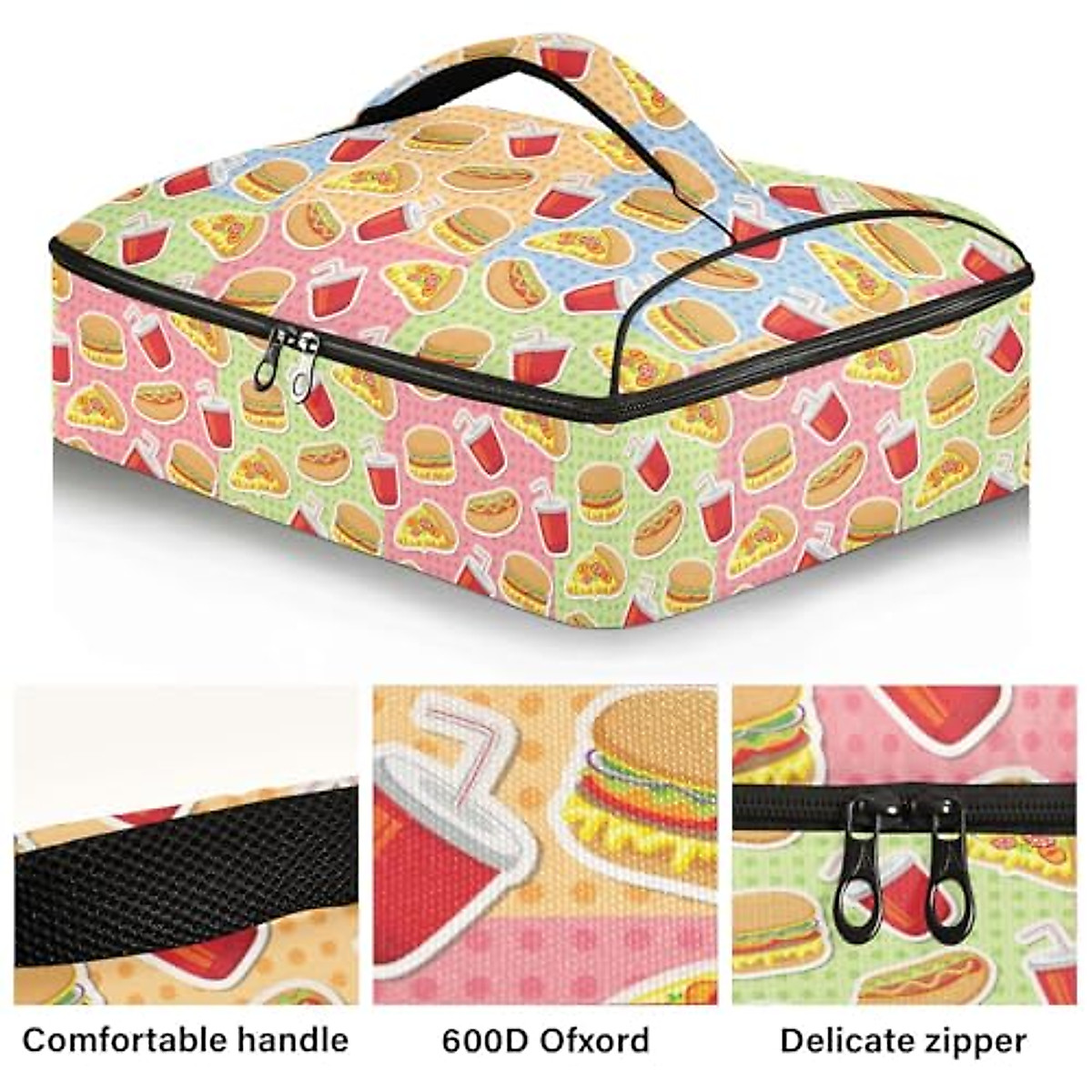 Kcldeci Insulated Thermal Food Carrier Insulated Casserole Carrier for Hot or Cold Food,Cartoon Pizza Burgers and Hot Dogs Insulated Tote Bag for Potluck Cookouts Parties Picnic,Lasagna Lugger