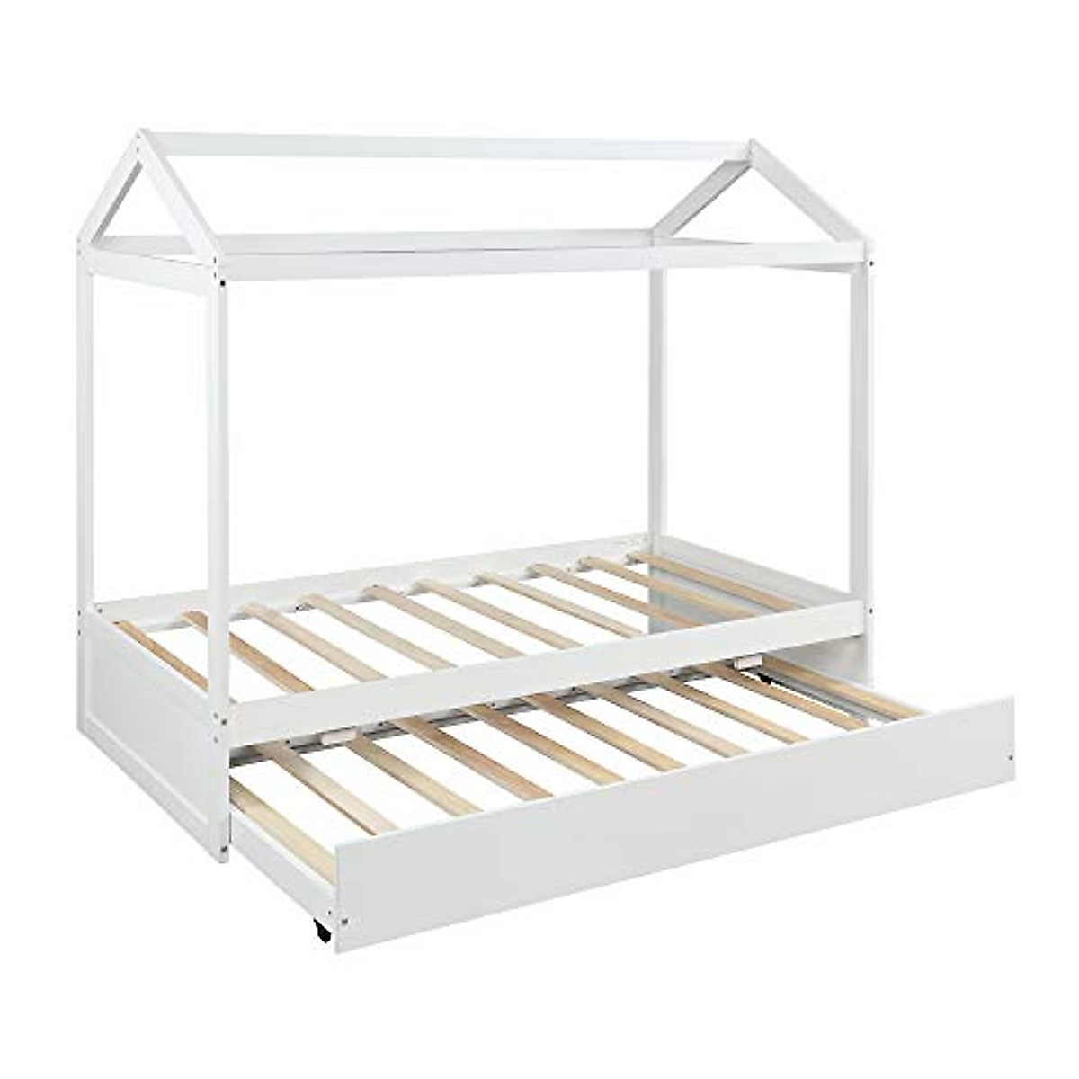 House Bed with Trundle for Kids and Toddlers, Wood Twin Size House Bed Frame, Can Be Decorated, White