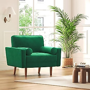 Vesgantti Green Velvet Accent Chair, Mid Century Modern Living Room Chairs, Button Tufted Arm Chairs with 2 Pillows, Comfy Sofa Chairs for Bedroom, Office
