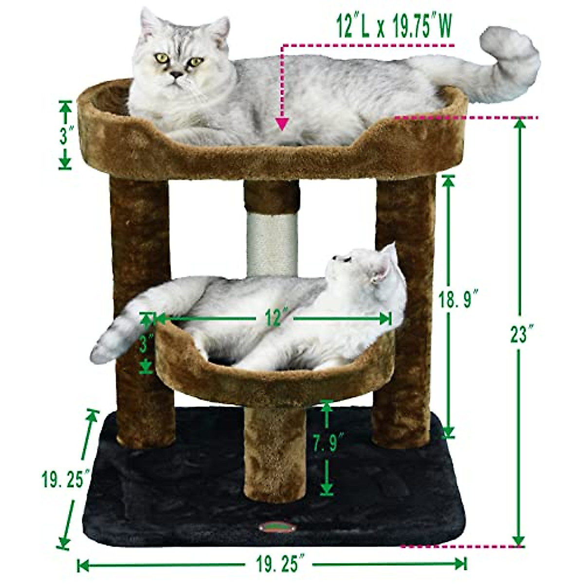 Go Pet Club 23" Cat Tree Scratcher Kitty Condo Kitten Furniture with Two Elevated Perch Beds and Large Base for Indoor Cats, Brown/Black