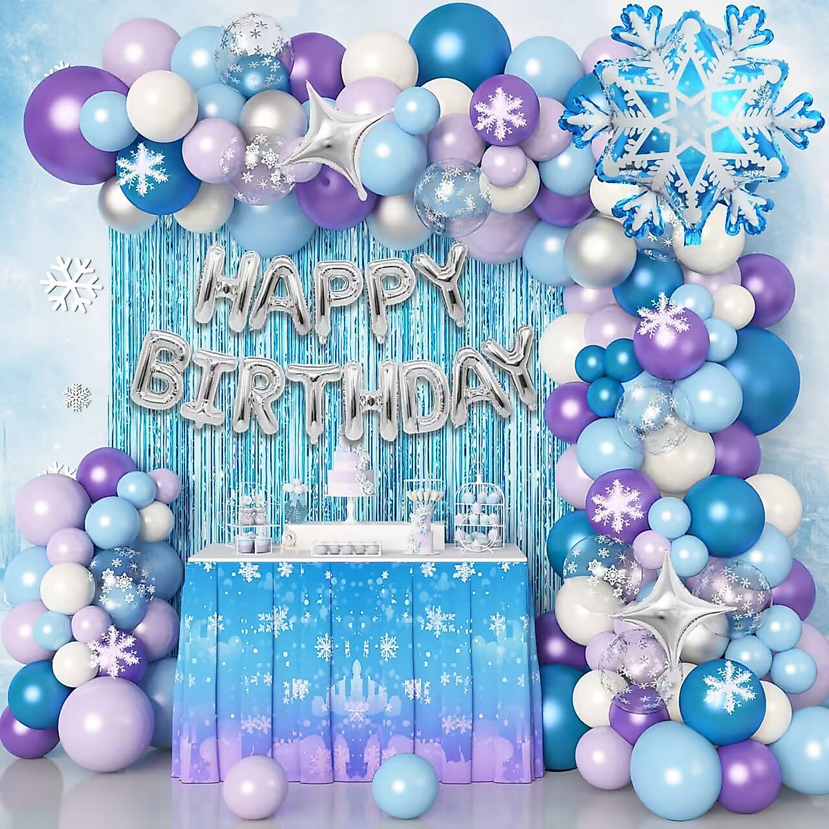 116Pcs Froozen Balloon Garland Arch Kit, Snowflake Blue Purple Confetti Balloons Fringe Curtain for Winter Wonderland Christmas Baby Shower Snow Princess Froozen Birthday Party Supplies Decorations