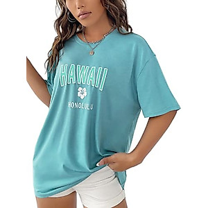 SOLY HUX Women's Oversized T Shirts Letter Print Casual Summer Tops Graphic Tees for Women Blue XL