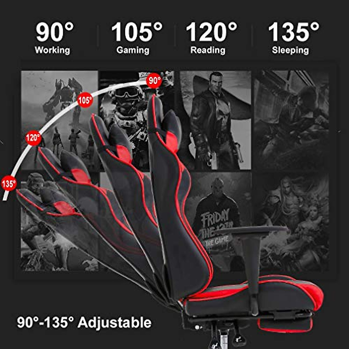 Gaming Chair Racing Office Chair PC Computer Chair Massage Desk Chair PU Leather Recliner Ergonomic Chair with Lumbar Support Headrest Armrest Footrest Rolling Swivel Task Chair for Women Adults, Red