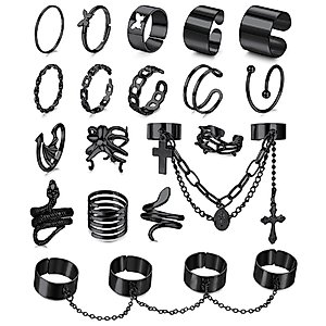 FIBO STEEL 18PCS Gothic Punk Chain Finger Rings for Women Men Y2K Black Stackable Rings Snake Chain Rings Open Adjustable Knuckle Emo Rings Punk Gothic Jewelry