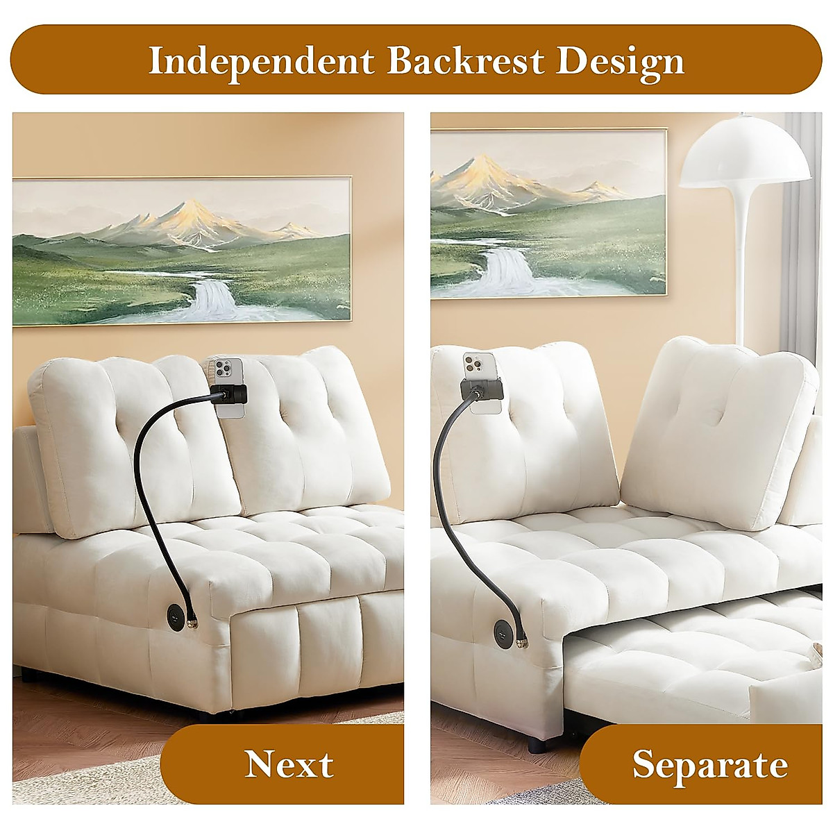 Cirui Sleeper Sofa Couch with Pullout Bed for Living Room,Modern Convertible 3 in 1 Sofa Bed Couch with Removable Backrest,Sleeper Sofa Bed with USB Port and Swivel Phone Stand,Beige