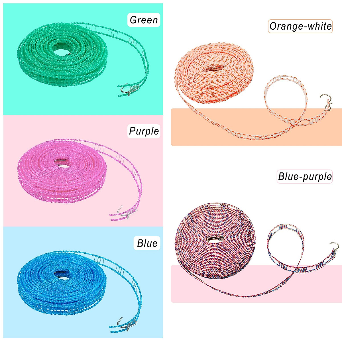 FuninCrea Washing Line 8m, Non-slip and Windproof Clothes Line, Portable Washing Line with 2pcs Stainless Hooks, Fence-Like Rope Washing Line for Indoor Outdoor Camping Traveling (green)