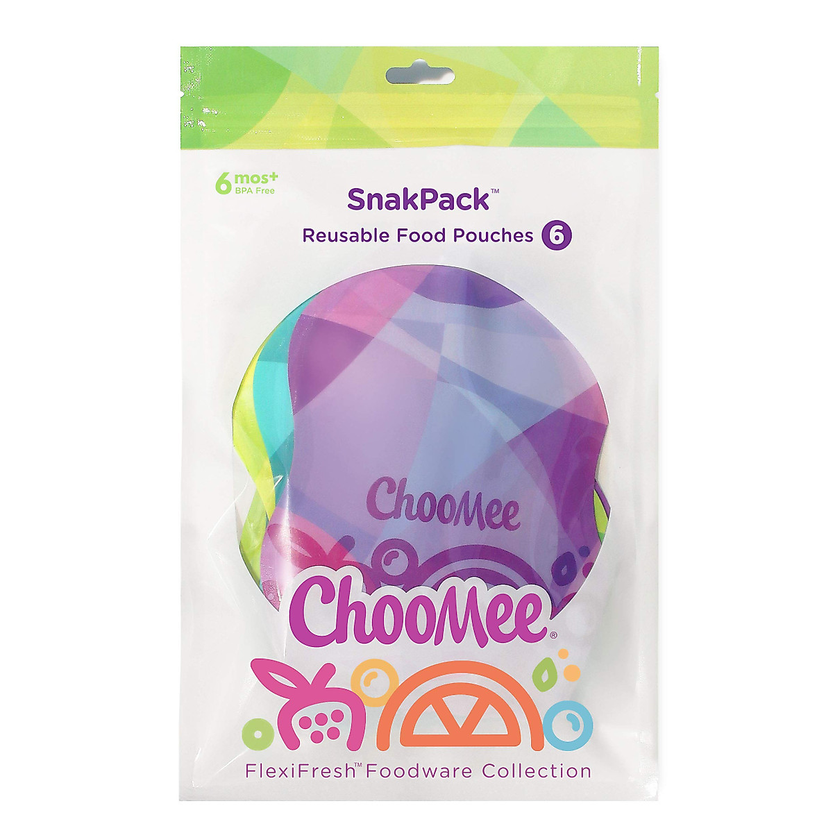 ChooMee Reusable Baby Food Storage Pouches, 8 oz | Ideal for Baby Food, Smoothies and Purees | Secure Double Lock Zipper, Wide Bottom, BPA Free | SnakPack TropiColor 6 CT