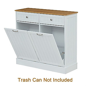 kinbor Double Tilt Out Trash Cabinets - Wooden Kitchen Trash Cabinet Bin, Free Standing Trash Can Holder & Recycling Cabinet with Hideaway Drawers, White