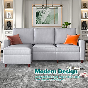 GinguoHome Convertible Sectional Sofa Couch, 3 Seat L-Shaped Sofa with Linen Fabric, Movable Ottoman Small Couch for Small Apartments, Living Room and Office (Grey)