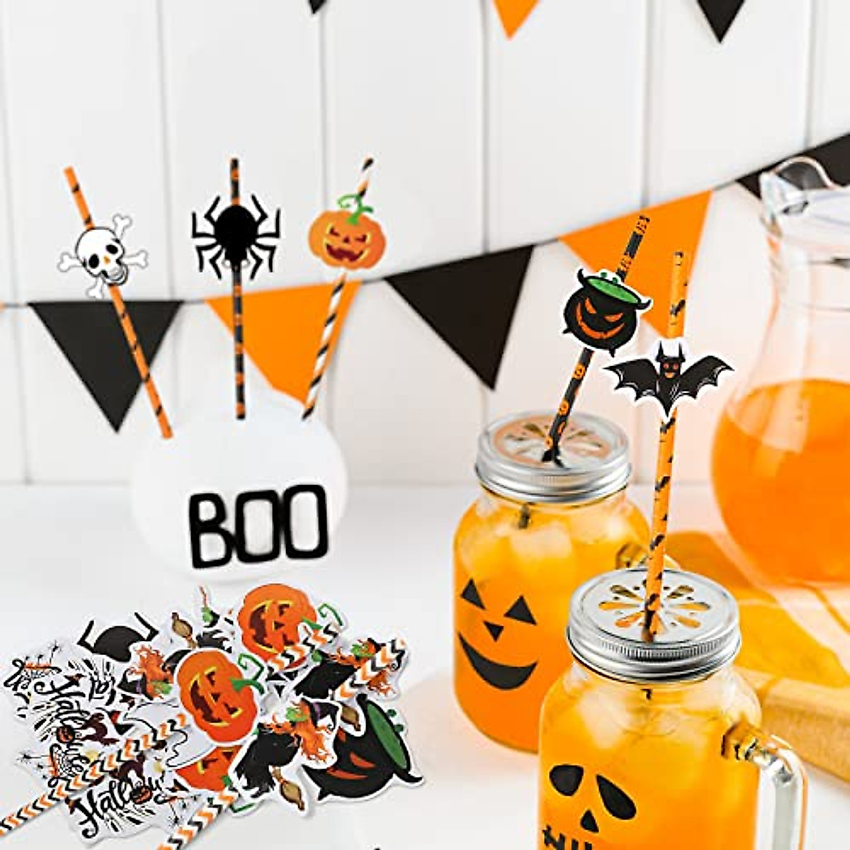 Hotop Halloween Party Supplies Includes 56 Disposable Paper Drinking Straws, 64 Halloween Pattern Cards & 100 Self Adhesive Dots, Pumpkin, Wave, Bat & Stripe Straws for Halloween Party Favors