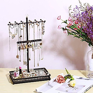 Meangood Jewelry Tree Stand Organizer 3in1 Necklace Organizer Display Bracelet Earrings and Ring Tray Jewelry Holder Hanger Metal（Black）