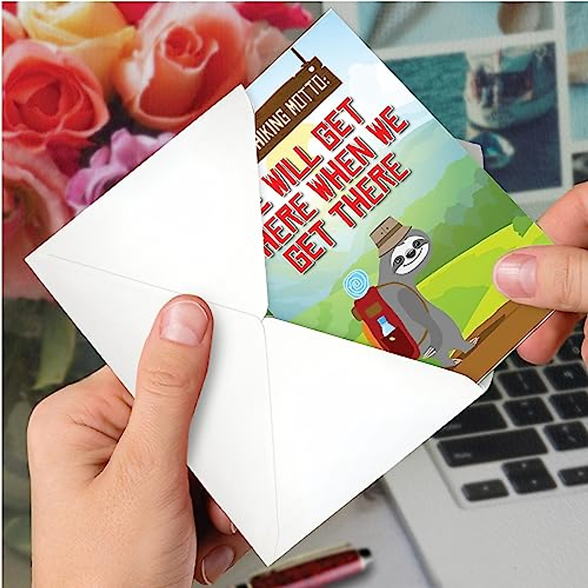 NobleWorks - 1 Cute Birthday Card with Envelope - Funny Wild Animals and Pets, Birthday Greeting - Sloth Hiking C7234BEG