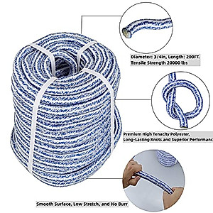 TINVHY 3/4 Inch x 200 Feet Double Braid Polyester Rope 20000Lbs Breaking Strength Strong Pulling Rope for Tree Work Camping Swings(Blue White)