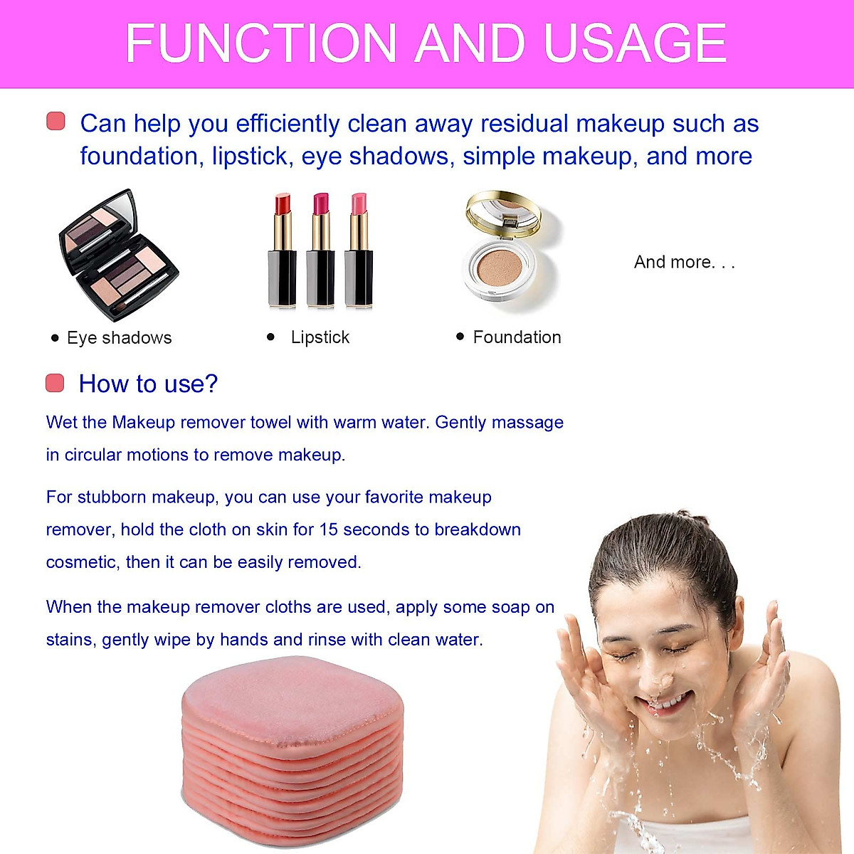 𝐄𝐱𝐭𝐫𝐚 𝐓𝐡𝐢𝐜𝐤 Reusable Makeup Remover Face Cloth (10 pack), Makeup Removal Cleansing Cloth Eye Makeup Remover Cloths Gift Box Packaging for Women 5" X 5" -Pink