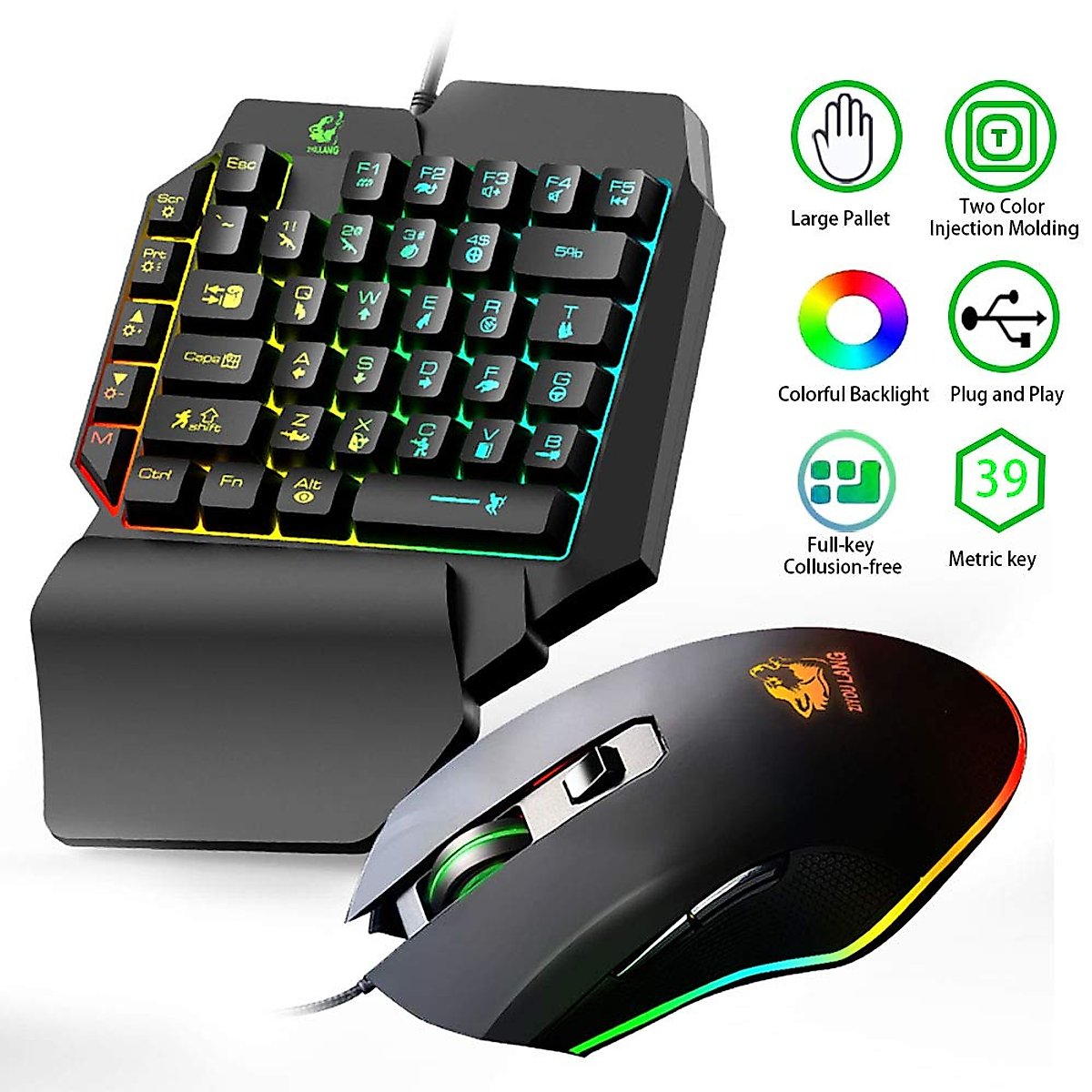 FELICON One Handed Gaming Keyboard and Mouse Combo, Rainbow Backlit 39 Keys Portable Small Mechanical Feel Keyboard with Wrist Rest Support, RGB Backlight 6 Buttons Adjustable Mice for PC Gamer
