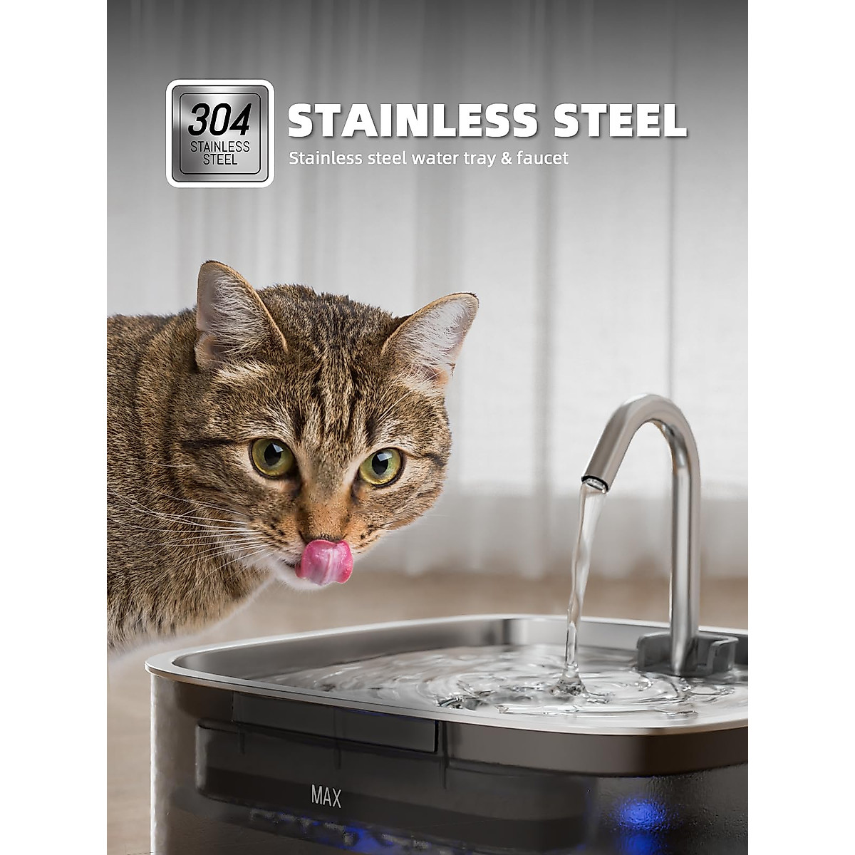 Cat Water Fountain: 75oz/2.2L Automatic Pet Water Dispenser for Cats, 304 Stainless Steel Faucet & Lid Cat Water Bowl Dispenser, Super Silent Pet Water Fountain for Cats Inside, Pump with LED Light