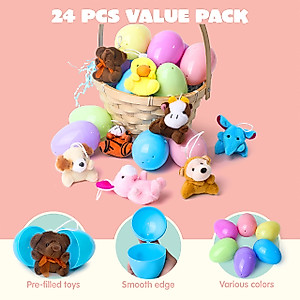 JOYIN 24 Pack Prefilled Easter Eggs of Mini Stuffed Animal Plush Toys Easter Baster Stuffer for Kids Easter Egg Hunt Filler Stuffer