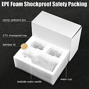 ALINK Glass Bedside Water Carafe with Lid and Glass Cups Set, Ribbed Carafe Glassware Drinking Glasses for Nightstand, 27oz Vintage Fluted Glassware Water Pitcher - Clear