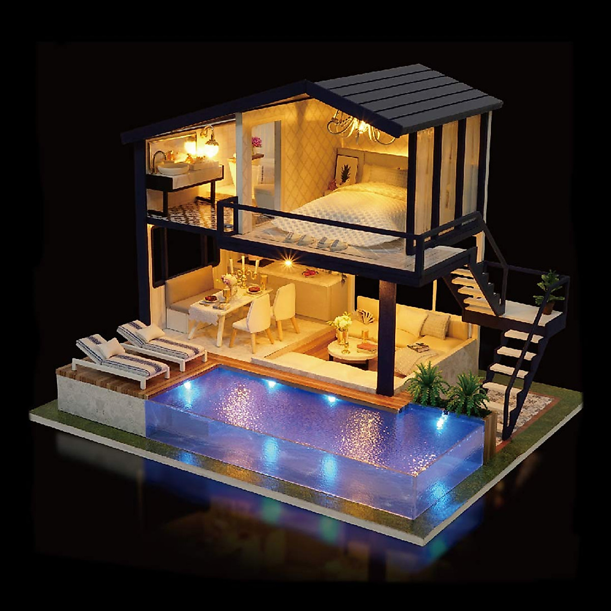 DIY Miniature Dollhouse Kit,UniHobby Time Apartment DIY Dollhouse Kit with Wooden Furniture Light Gift House Toy for Adults