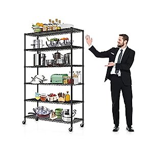 6-Tier Storage Racks, 2100Lbs Capacity Heavy Duty Metal Shelf with Wheels, NSF Certified Commercial Grade Adjustable Large Wire Shelving Unit for Closet Kitchen Garage Basement 48"Lx18"Wx72"H