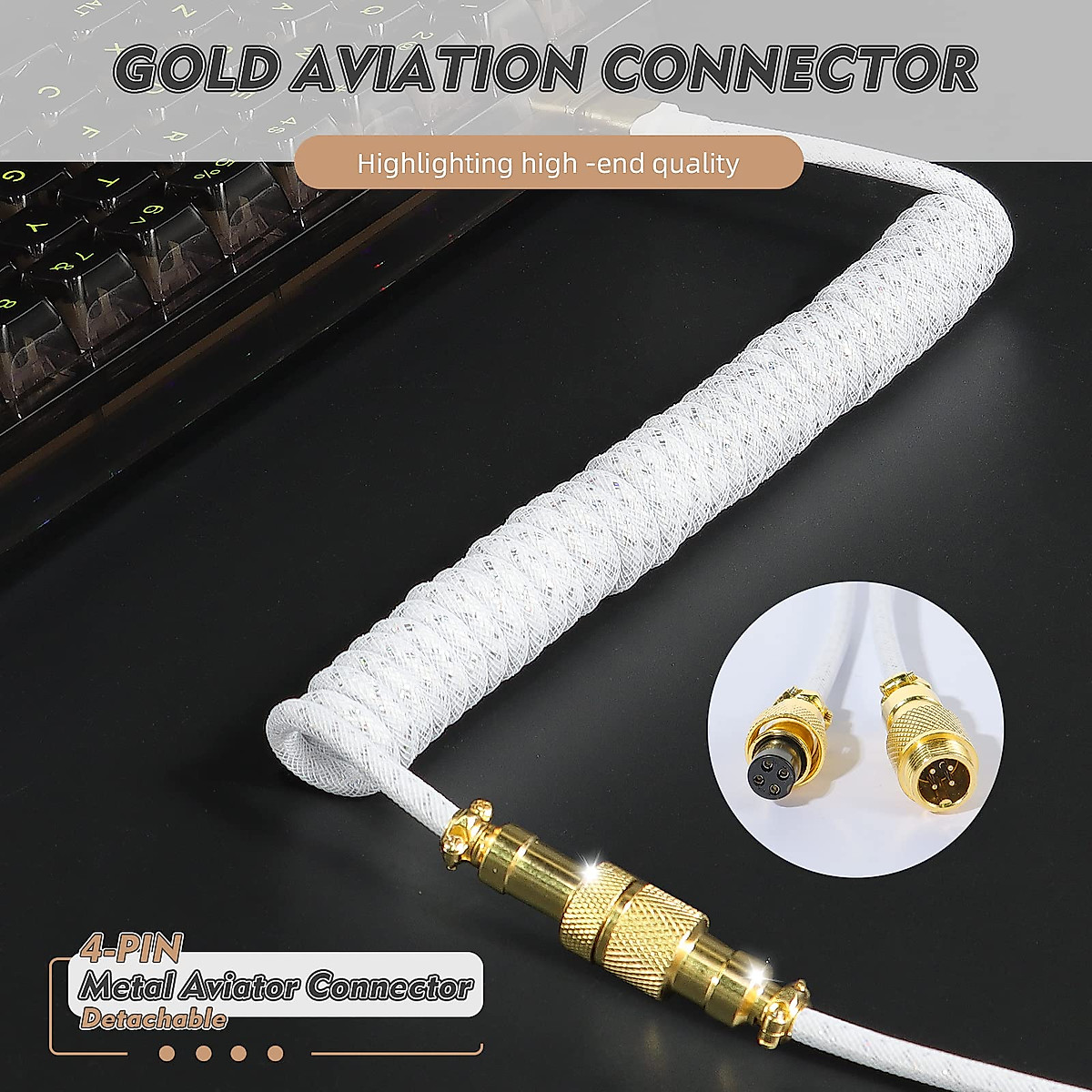 ATTACK SHARK Custom Coiled USB C to A Cable for Gaming Keyboard,Double-Sleeved Starlight Braided Cable with Detachable Metal Aviator 24K Gold Connector 1.7M-2.2M for Phone/PS4/Android/Xbox-White