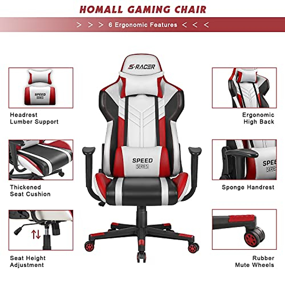 Homall Gaming Chair Racing Style High-Back PU Leather Office Chair Computer Desk Chair Executive and Ergonomic Swivel Chair with Headrest and Lumbar Support (White/Red)