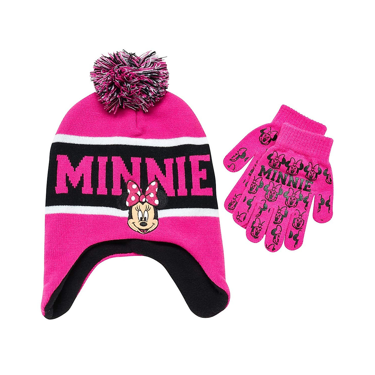 Disney Girls Minnie Mouse Winter Hat and Mitten or Glove Set (Toddler/Little Girls), Size Age 4-7, Minnie Pink With Black Gloves