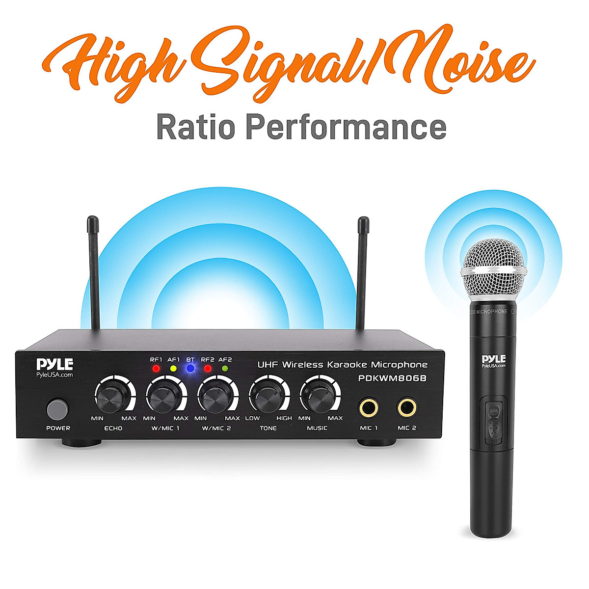 Pyle Portable UHF Wireless Microphone System - Battery Operated Dual Bluetooth Cordless Microphone Set, Includes 2 Handheld Transmitter Mic, Mixer Receiver, RCA, for PA Karaoke DJ Party PDKWM806B