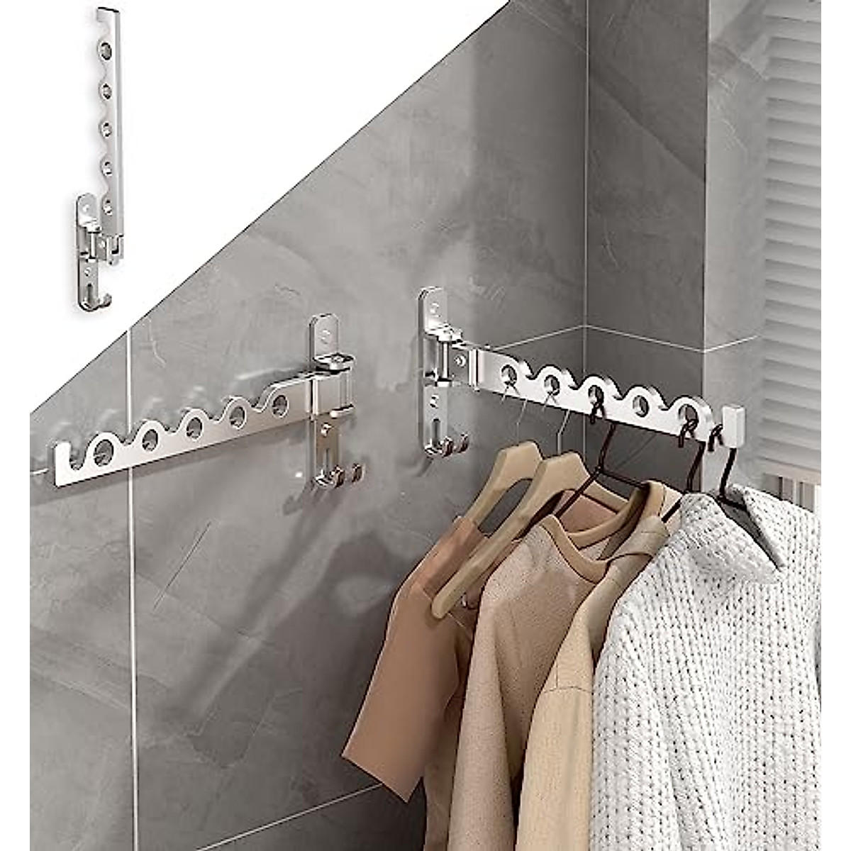 Dr.DJ Wall Hanger for Clothes, Coat Hanger Wall Mounted Silver Retractable Clothes Drying Organizer Rack Garment Hooks Aluminium Folding Indoor Wall Wall Hanger Space Save (2 Racks)