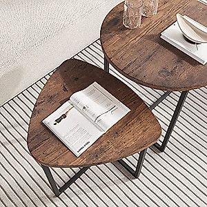 HOJINLINERO Round Coffee Table Set of 2 End Tables for Living Room,Black Small Coffee Table Living Room Table,Metal Frame with Wood Look,Sturdy and Easy Assembly,Stacking Side Tables Bedroom,Brown