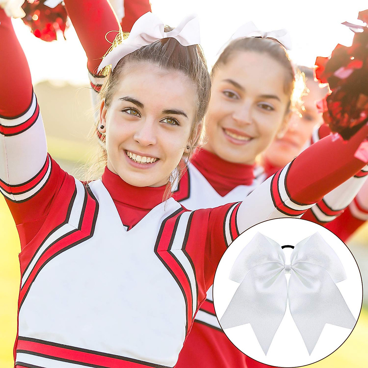 2 Packs Jumbo Cheerleading Bow 8 Inch Large Cheer Hair Bows with Ponytail Holder for Teen Girls Softball Outfit Uniform(White)