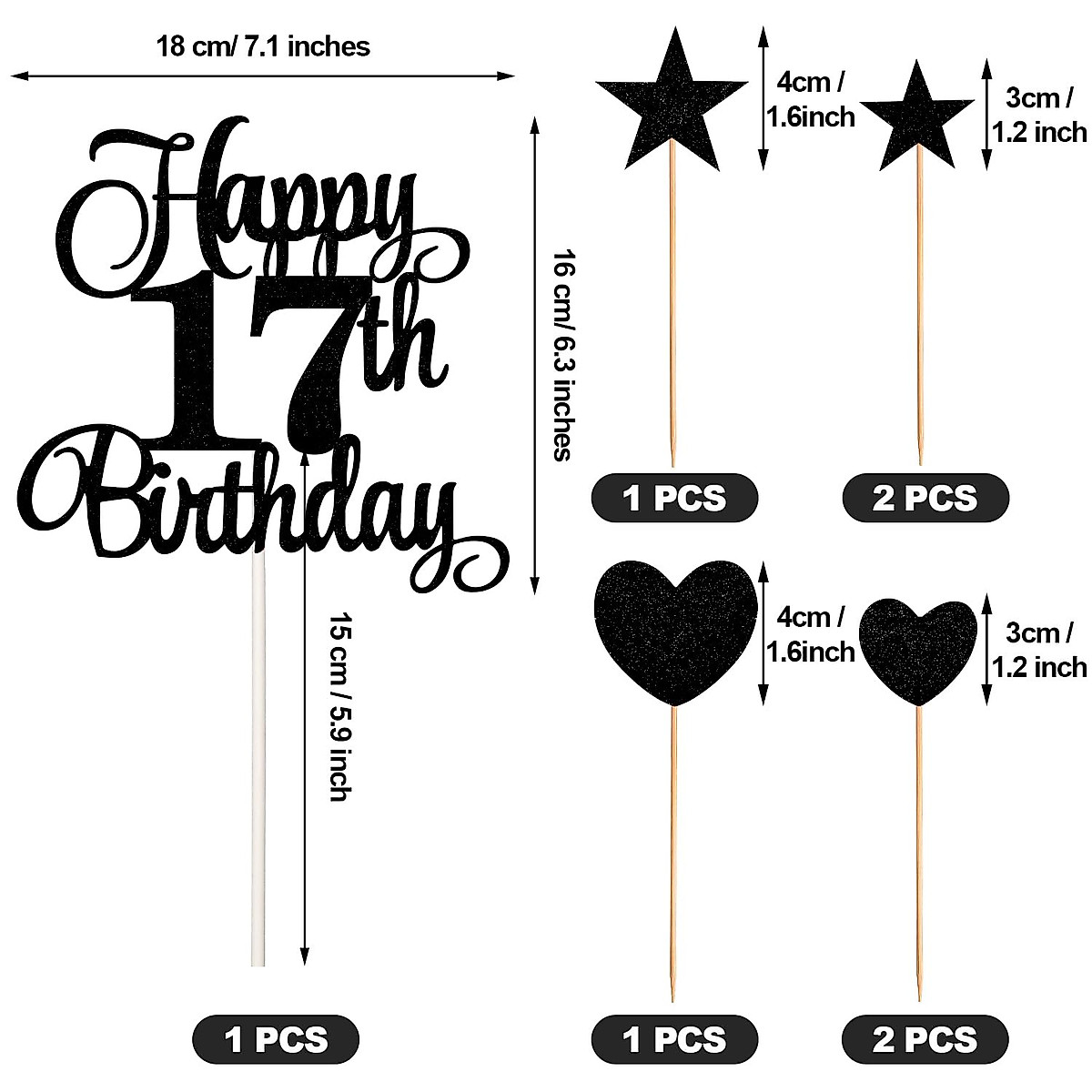 17th Birthday Cake Decorations Set Include 17th Birthday Candles Numeral 17 Cake Candles and Happy 17th Birthday Cake Toppers with Heart Star Cupcake Picks for Birthday Party (Black Series)