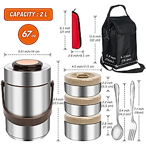 Thermos for Hot Food,3 Tier 67oz Stackable Insulated Food Jar with Lunch Bag & Spoon Fork,Leakproof Stainless Steel Meal Bento Carrier Soup Container Lunch Box for School Office Picnic Travel Outdoors