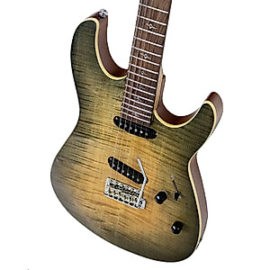 GoDpsMusic 6 String Sawtooth Natural Series Flame Maple Trans Moss Burst 24-Fret Electric Guitar w Single Coil Pickups, Right Handed (ST-M24-NAT-NFMG-1)