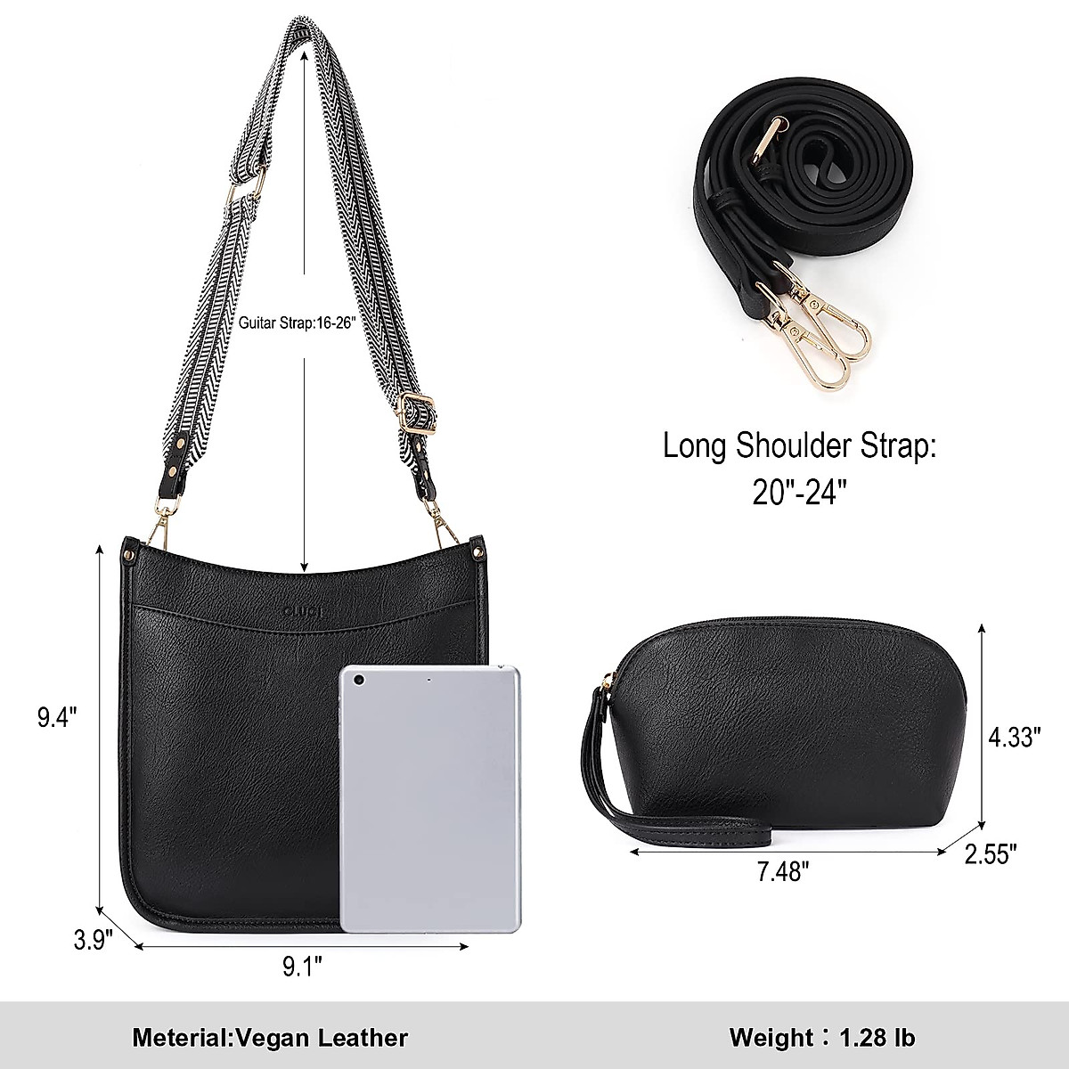 CLUCI Crossbody Bag Purse for Women 2Pcs Leather Hobo Handbag Wallet Set With 2Adjustable Guitar Strap Shoulder Handbag