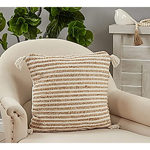 SARO LIFESTYLE Striped Tassel Throw Pillow with Poly Filling, White, 20"